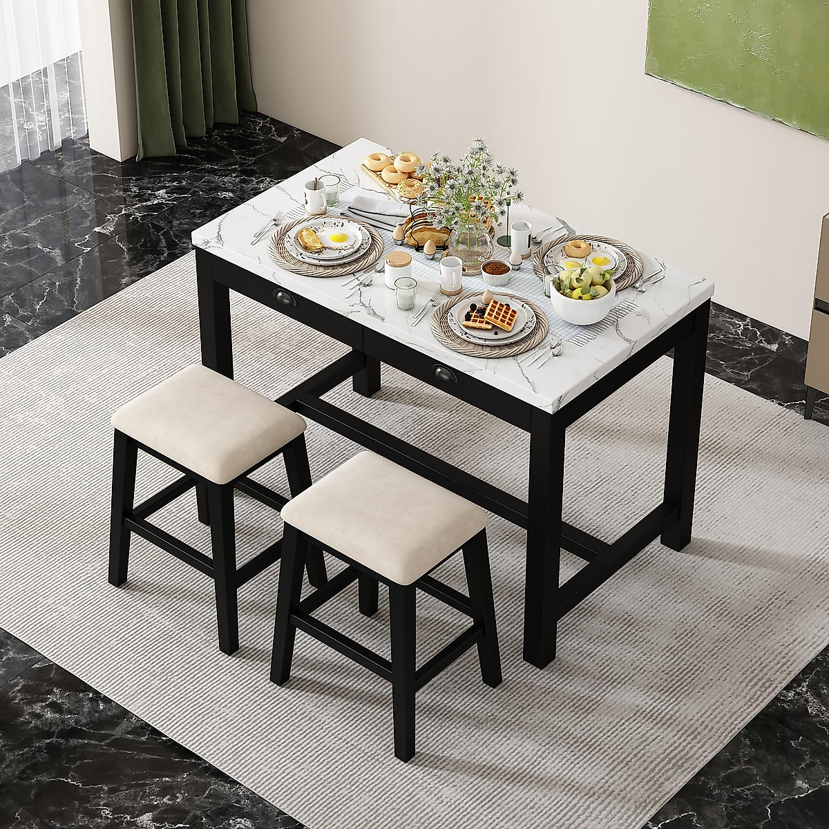 Bellemave 3-Piece Modern Console Table Set with Bar Table, 2 Stools, Storage Drawers, Faux Marble Top for Kitchen, Dining Room (Black)