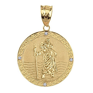 Solid 10k Gold Saint Christopher Diamond Round Medal Catholic Protection Pendant (1")