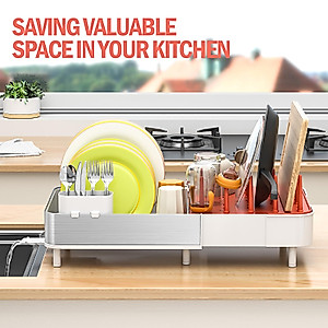 TOOLF Dish Rack, Extendable Dish Drainer, Modern Dish Drying Rack 2 in 1 Design. Expandable Drain Board in Sink, Stainless Steel Dish Racks for Kitchen Counter Utensils,Plates,Pans,Pots Organizer