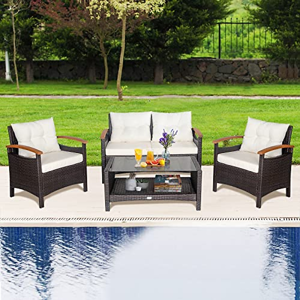HAPPYGRILL 4 Piece Patio Conversation Set Rattan Sectional Sofa Set with Soft Cushions and Coffee Table, Outdoor Wicker Furniture Set with Acacia Wood Armrests, Perfect for Poolside, Garden, Backyard