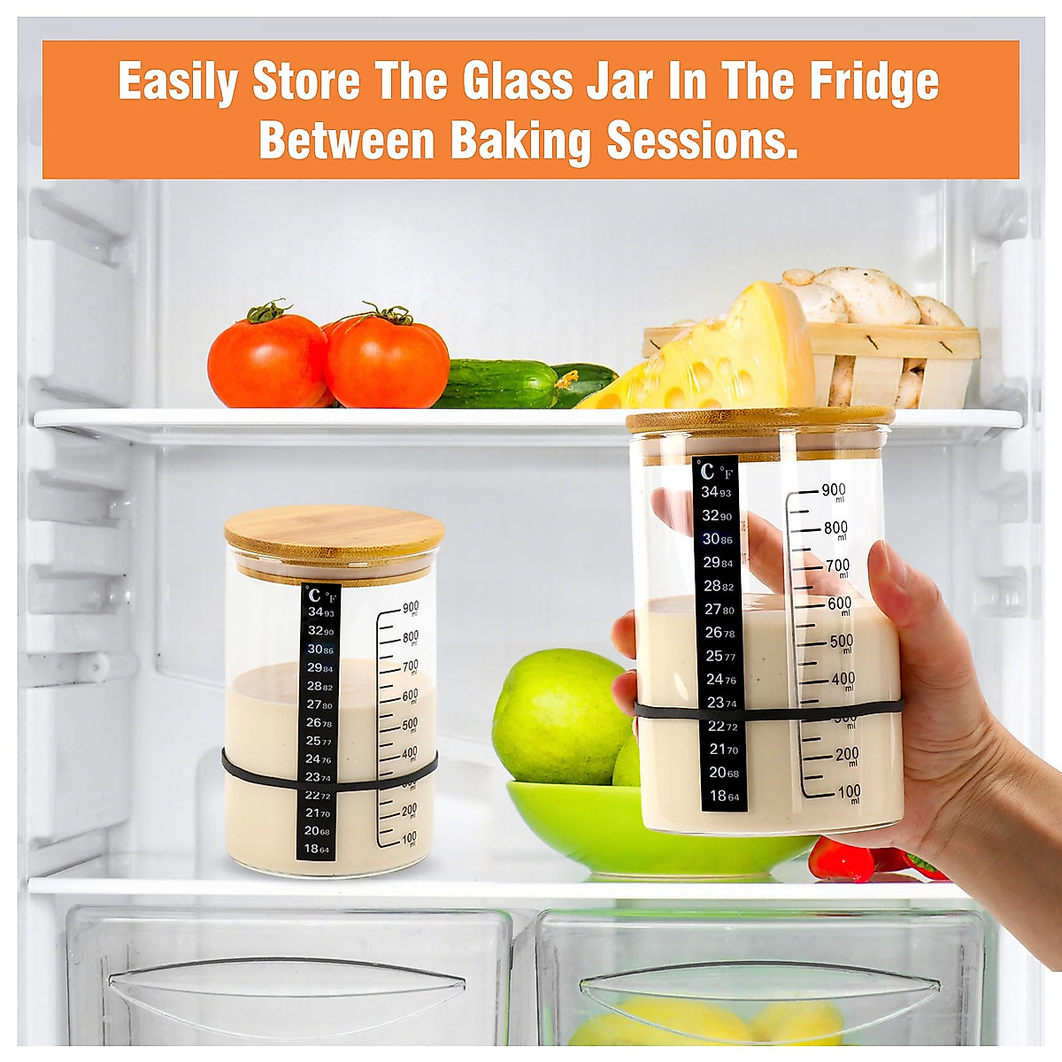 Wnxise Sourdough Starter Kit, 34OZ Reusable Sourdough Starter Jar, Home Sourdough Bread Baking Supplies with Date Marked Feeding Band, Thermometer, Silicone Scraper, Sticker, Marker Pen Bamboo Lid