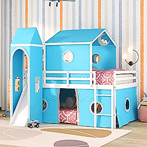 Merax Full Over Full House Bunk Bed, Kids Playhouse Bed, Solid Wood bunk Bed Frame with Slide Pink Tent and Tower, for Girls and Boys, Blue