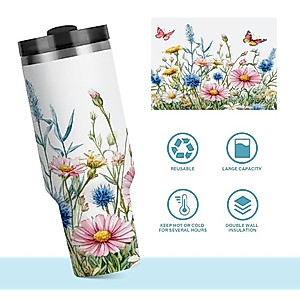 Flradish 30oz Tumbler with Handle, Daisy Flowers Stainless Steel Tumbler with Lid and Straws Double Wall Vacuum Insulated Leakproof Coffee Travel Mug