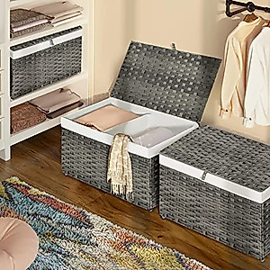 Greenstell Storage Basket with Lid, Handwoven Large Shelf Basket with Cotton Liner and Metal Frame, Foldable & Easy to Install, Storage Box Basket Bin with Handle for Bedroom, Laundry Room Grey 105L
