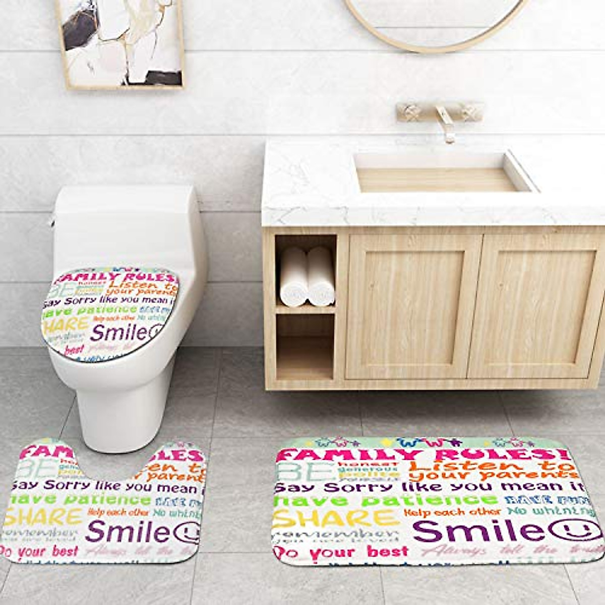 Ikfashoni 4Pcs Family Rules Shower Curtain Set with Non-Slip Rugs, Toilet Lid Cover and Bath Mat, Kids Educational Shower Curtain with 12 Hooks, Durable Waterproof Fabric Shower Curtain for Bathroom