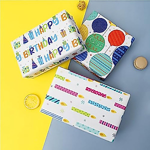 BULKYTREE Birthday Wrapping Paper for Boys Girls Kids Men Women Holiday Birthday Party - 3 Large Sheets Colorful Balloon 'Happy Birthday' Birthday Candles Gift Wrap - 27 Inch X 39.4 Inch Per Sheet