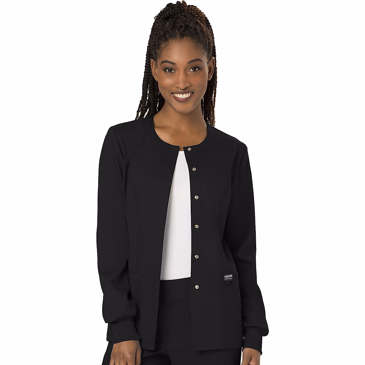 Snap Front Scrub Jackets for Women, Workwear Revolution Soft Stretch WW310, L, Black