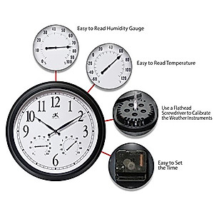 Infinity Instruments 24 inch Classic Humidity Round Wall Outdoor Indoor Thermometer Clock Hygrometer | for Patio, Pool, Garage, Large, Black/White