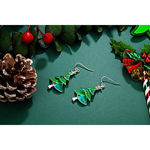 RareLove Green Christmas Tree with Star Red Rhinestone Pierced Dangle Earrings CZ Crystal Silver Plated Alloy Holiday For Women