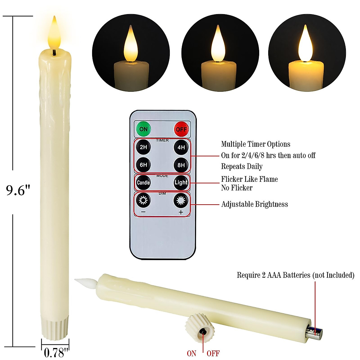 Homemory Real Wax LED Flameless Taper Candles with Remote Timer, 9.6 Inches Ivory Candlesticks, Dripless Battery Operated 3D Flickering Flame for Fireplace Xmas Halloween
