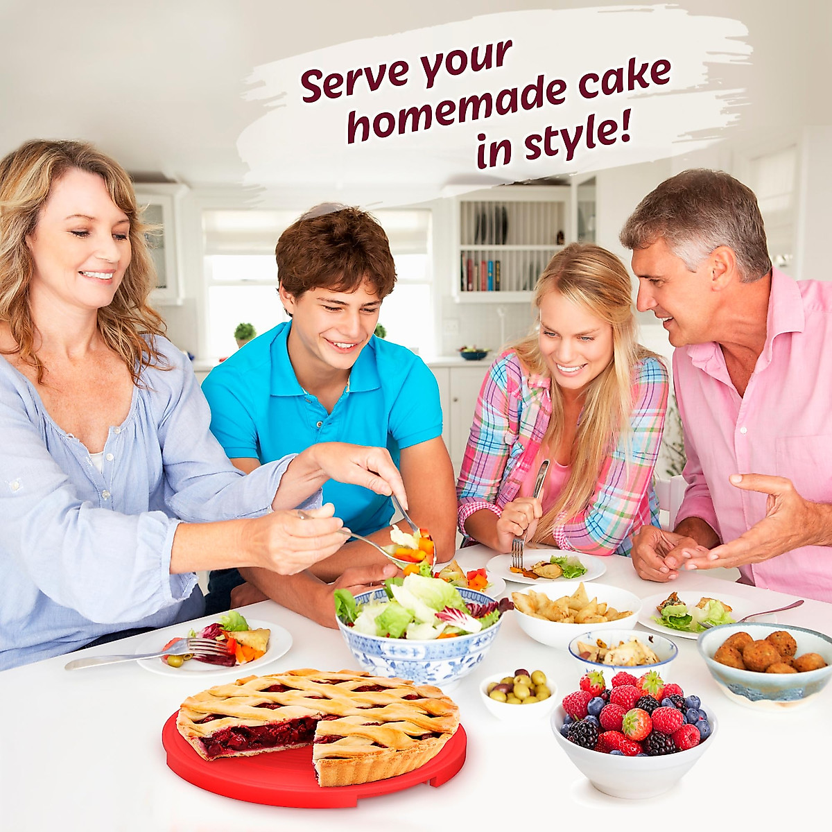 Flixeno Large Sturdy Red Round Cake Carrier Holder Up to 10 inch Multi Purpose Cover Five Section Serving Tray Keeper for Easily Hold & Transport Cakes Pies & Cupcakes with Collapsible Handles + 3 Extra Clips