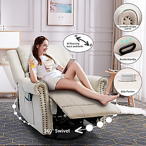 Vicluke Microfiber Technology Cloth Massage Recliner Chair 360°Swivel Heated, Faux Leather Ergonomic Recling Sofa with Rivet Decoration, Recliner Rocking Chair for Living Room, Office(Off-White)