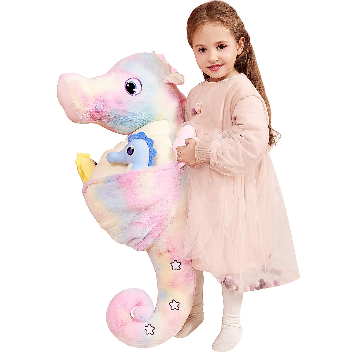 IKASA Giant Seahorse Stuffed Animal Plush Toy,30" Large Sea Horse Cute Jumbo Soft Toys,Huge Big Size Plushy Plushie with Two Babies,Gifts for Kids