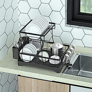 Aredy 2 Tier Dish Drying Rack for Kitchen Counter, Black Metal Dish Drainers Rack with Drainboard, Large Dish Dryer with Detachable Cup Rack and Utensil Holder