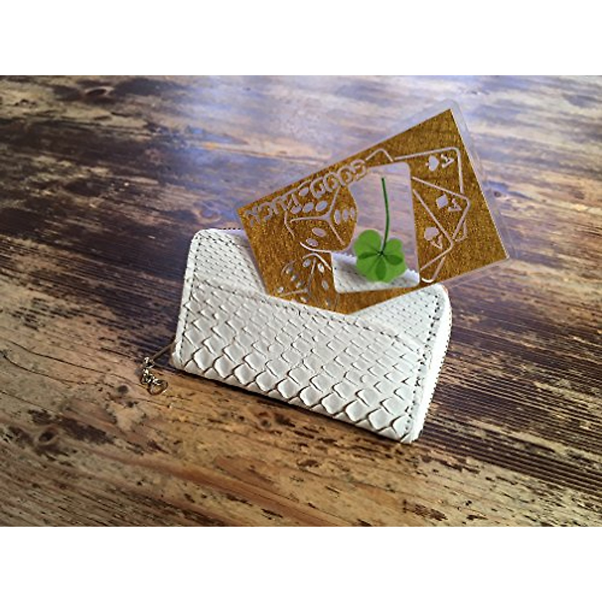 KIN-HEBI Real Four Leaf Clover, Preserved, Laminated Card, Gold Version, Cutting Picture “Good Luck & Cards Dices”, 3.54” x 2.36”