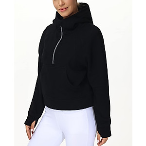 THE GYM PEOPLE Women’s Hoodies Half Zip Long Sleeve Fleece Crop Pullover Sweatshirts with Pockets Thumb Hole Black