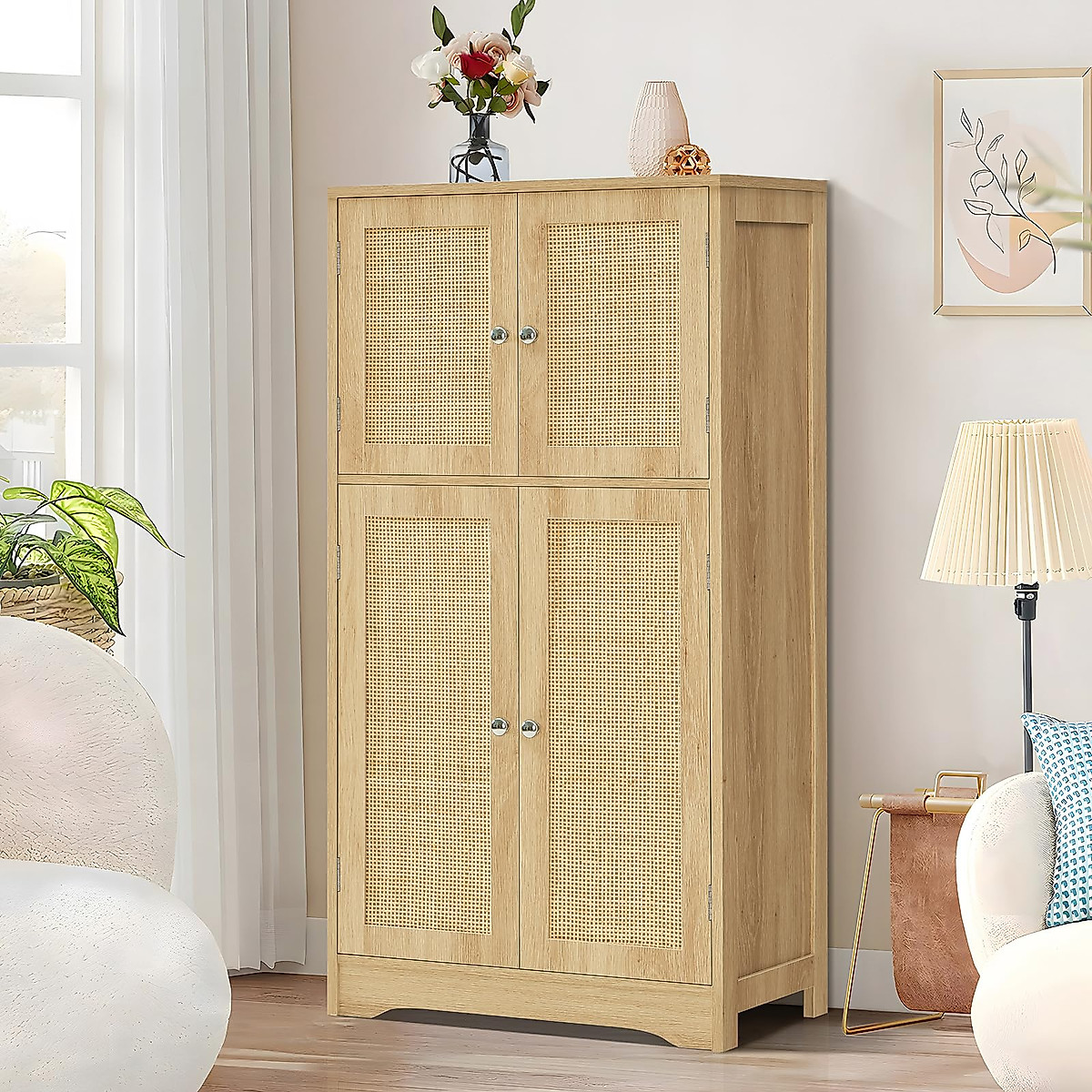 Iwell Storage Cabinet, Rattan Cabinet with 4 Rattan Doors & Adjustable Shelf, Bathroom Floor Cabinet for Living Room, Entryway, Home Office, Natural