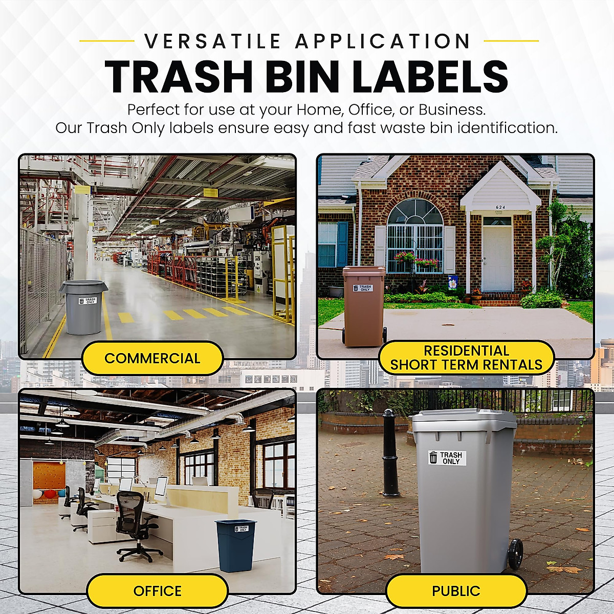 Trash Sticker for Outdoor Trash Can, Garbage Can - 3-5 Year Indoor/Outdoor Rated - Heavy Duty, Weather Proof, Ultra Durable - USA Made (6x2 inch), 4 Labels