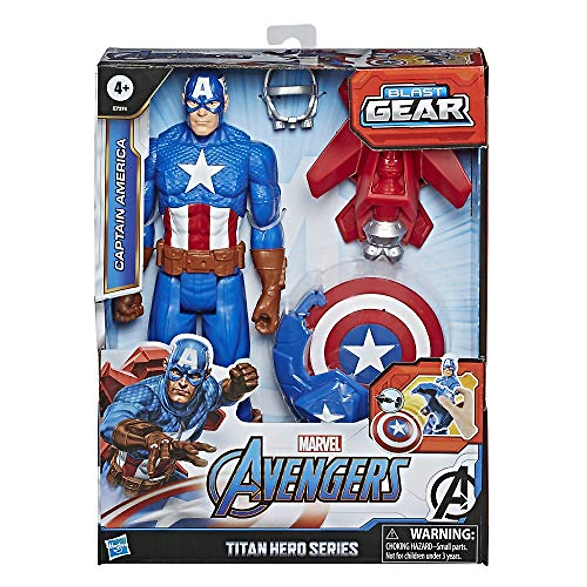 Avengers Marvel Titan Hero Series Blast Gear Captain America, 12-Inch Toy, with Launcher, 2 Accessories and Projectile, Ages 4 and Up , Blue
