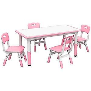 Qaba Kids Table and Chair Set with 4 Chairs, Adjustable Height, Easy to Clean Table Surface, for 1.5-5 Years Old, Pink