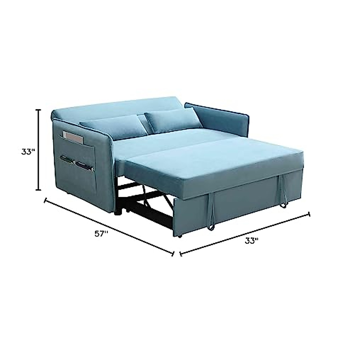 Cotoala Modern Velvet Convertible Loveseat Sleeper Sofa with Adjustable Pull Out Bed w/Arms & Two Side Pockets, Two Lumbar Pillows, 2 Seat Couch Living Room and Apartment, Blue
