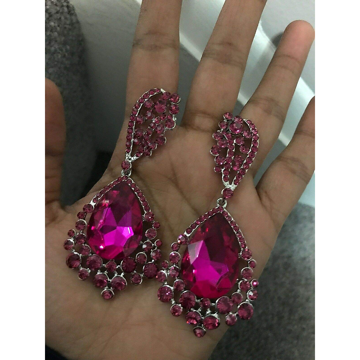 3.25" Long Hot Pink Fuchsia Dangle Pageant Rhinestone Crystal Silver Earrings