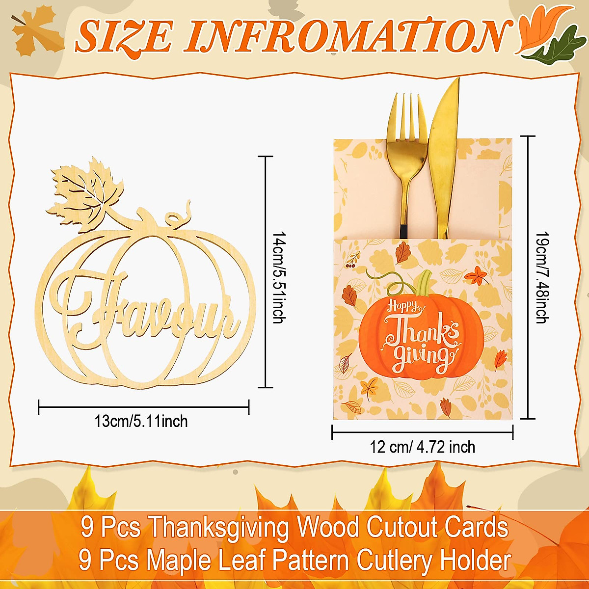 18 Set Thanksgiving Plate Decor 9 Fall Thankful Cutlery Utensil Holders with 9 Maple Pumpkin Turkey Wood Place Cutouts Sign Gold Grateful Blessed Gather Autumn Table Plate Sign (Maple,Pumpkin)