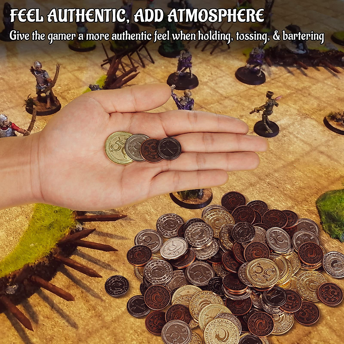 DND Metal Coins Set of 60 with Leather Pouch - Gaming Tokens, Pirate Treasure, Accessories & Props for Board Games, Dungeons and Dragons, Tabletop RPGs and LARP