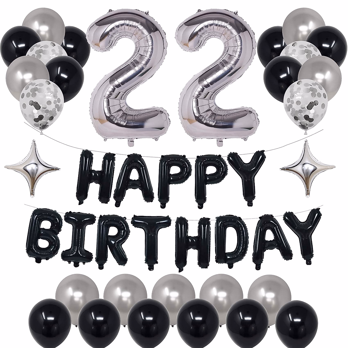 NANINUNENO 22nd Black Silver Birthday Party Decorations for Men Women, Happy 22 Birthday Party Supplies with Black Happy Birthday Banner,22 Number Balloons, Silver Foil Stars, Happy Birthday Balloons