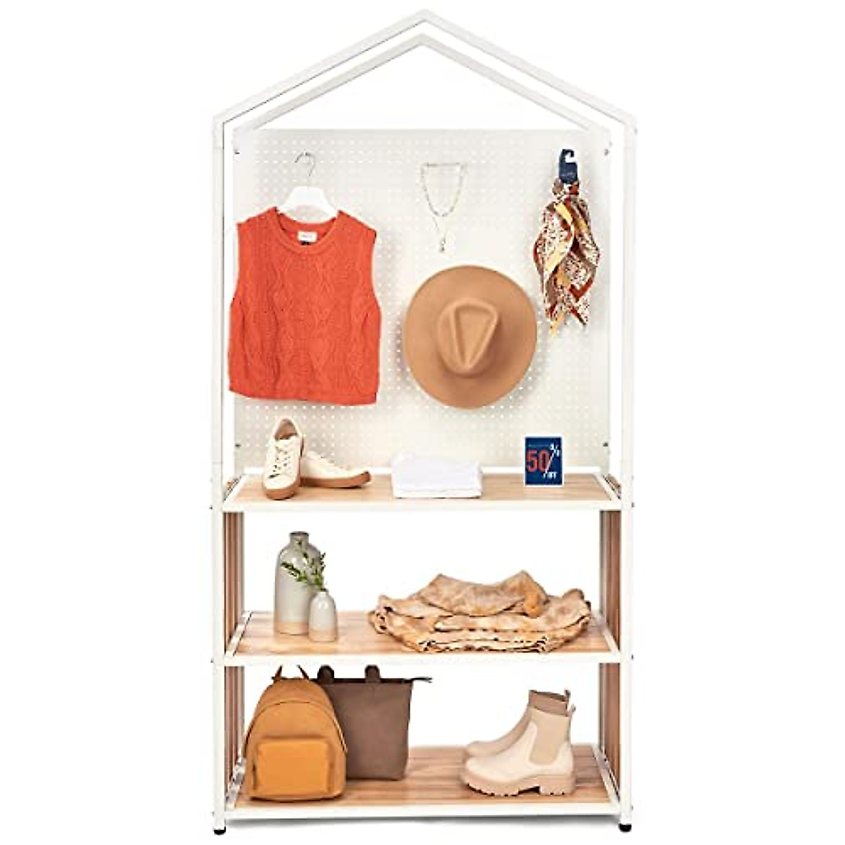 3 Tiered Shelving Display with Iron Frame, Pegboard Panel Shelving Unit, Paulownia Wood - Ivory