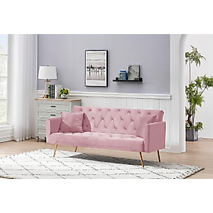 Eafurn Comfy Velvet Upholstered Futon Foldable Daybed Bed for Sleep Overs, Convertible Sleeper Loveseat with 2 Pillows, 71" Tufted Sofa & Couches with Golden Metal Legs for Compact Living Space, Pink