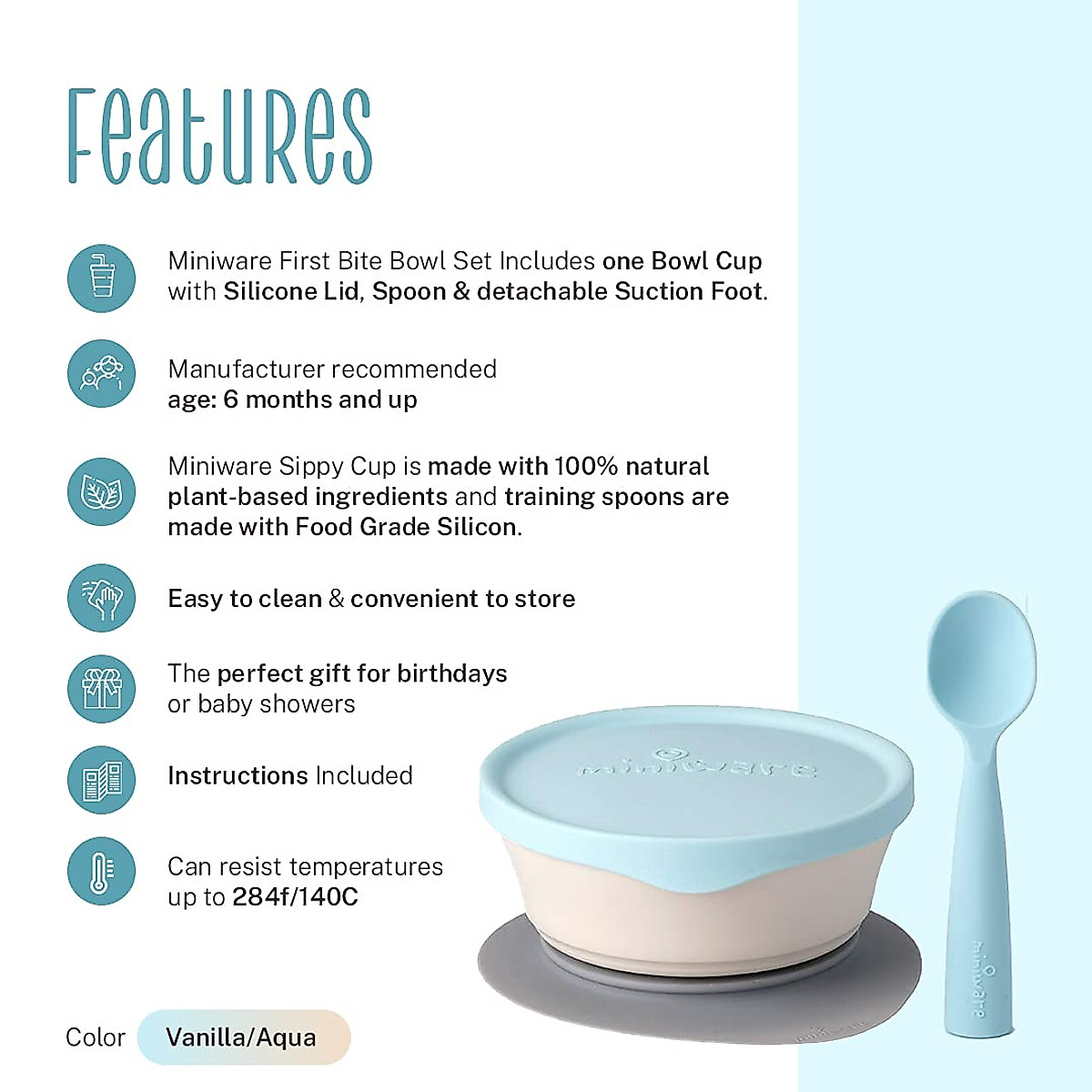 Miniware First Bites Set with Cereal Bowl, Detachable Suction Foot, and Training Spoon for Baby Toddler Kids - Promotes Self Feeding | Eco-Friendly and BPA Free | Dishwasher Safe (Vanilla & Aqua)