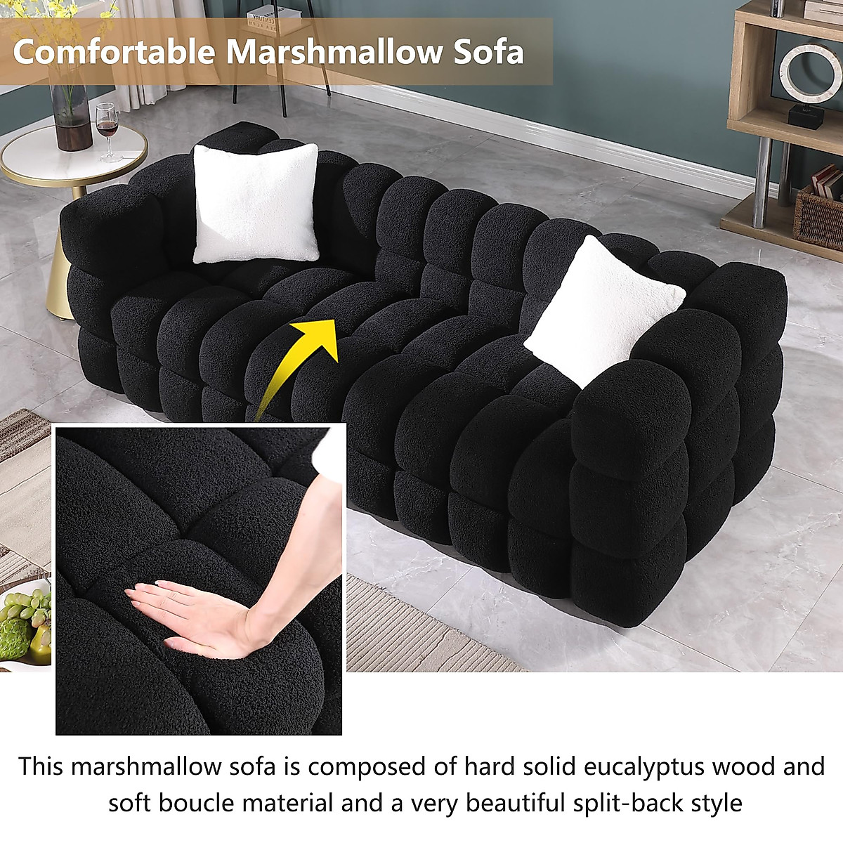 GNIXUU Cloud Sofa Large Couch, Modern Marshmallow Boucle Fabric Couches with Plastic Legs Upholstered Tufted 3 Seater Sofa with 2 Pillows for Living Room, Bedroom, Office, 84 Inch Wide(Black)