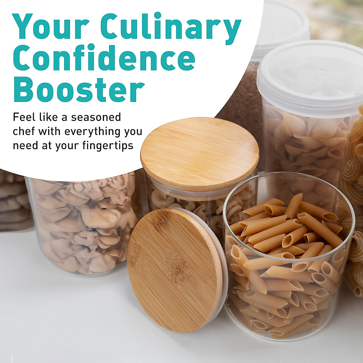 Glass Food Storage Containers with Lids by Sweetzer and Orange - Set of 4 Kitchen Canisters - Candy, Cookie, Rice and Spice Jars - Sugar or Flour Container - Big and Small Airtight Food Jar for Pantry