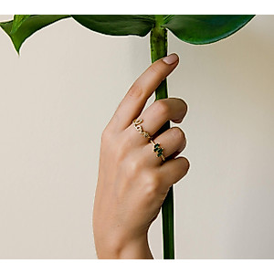 LAVLA 14k Gold Plated Baguette Green/Blue/Red Cubic Zirconia Half Eternity Stackable Ring | 1.5mm Thin Minimalist Simulated Diamond Band for Women (Green, 6)