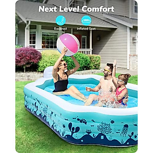 Inflatable Swimming Pool, Valwix 122" X 71" X 20" Full-Sized Family Blow Up Pools for Adults, Children, Above Ground Outdoor Garden Backyard Pool with Seat and Backrest, Summer Water Party for All
