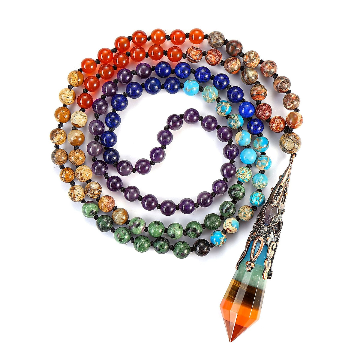 GEHECRST Natural 7 Chakra 108 Mala Prayer Beads Necklace with Reiki 12 Faceted Healing Crystal Pointed Pendant Multilayer 6mm Gemstones Beads Bracelet Mens Women Jewelry for Meditation, Protection