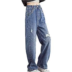 Aislor Girls Ripped Jeans Distressed Denim Pants Kids Washed Elastic Waist Straight Leg Jeans Baggy Wide-Leg Trousers Blue B Retro 9-10 Years