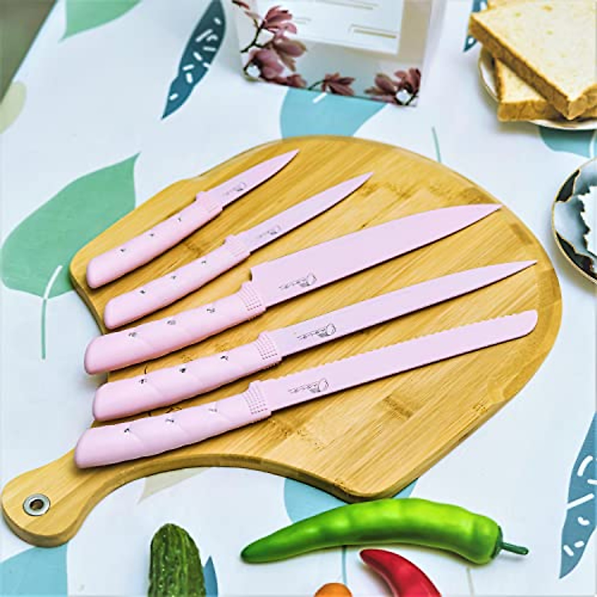 Kitchen Knife Set, OasisUSA Stainless Steel Sharp Knife Sets With ABS Stand, non-fading Pink Color Flower patterned Stainless Steel Blade with Triple-Riveted Handles. Gift for Women and Girls