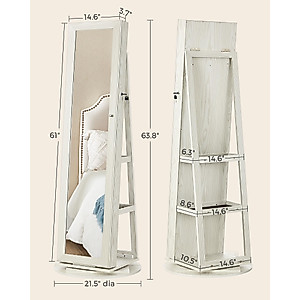 SONGMICS 360° Swivel Jewelry Cabinet, Lockable Jewelry Organizer with Full-Length Mirror, Rear Storage Shelves, Interior Mirror, Jewelry Armoire, Gift Idea, White with Gray Wood Grain UJJC006W01