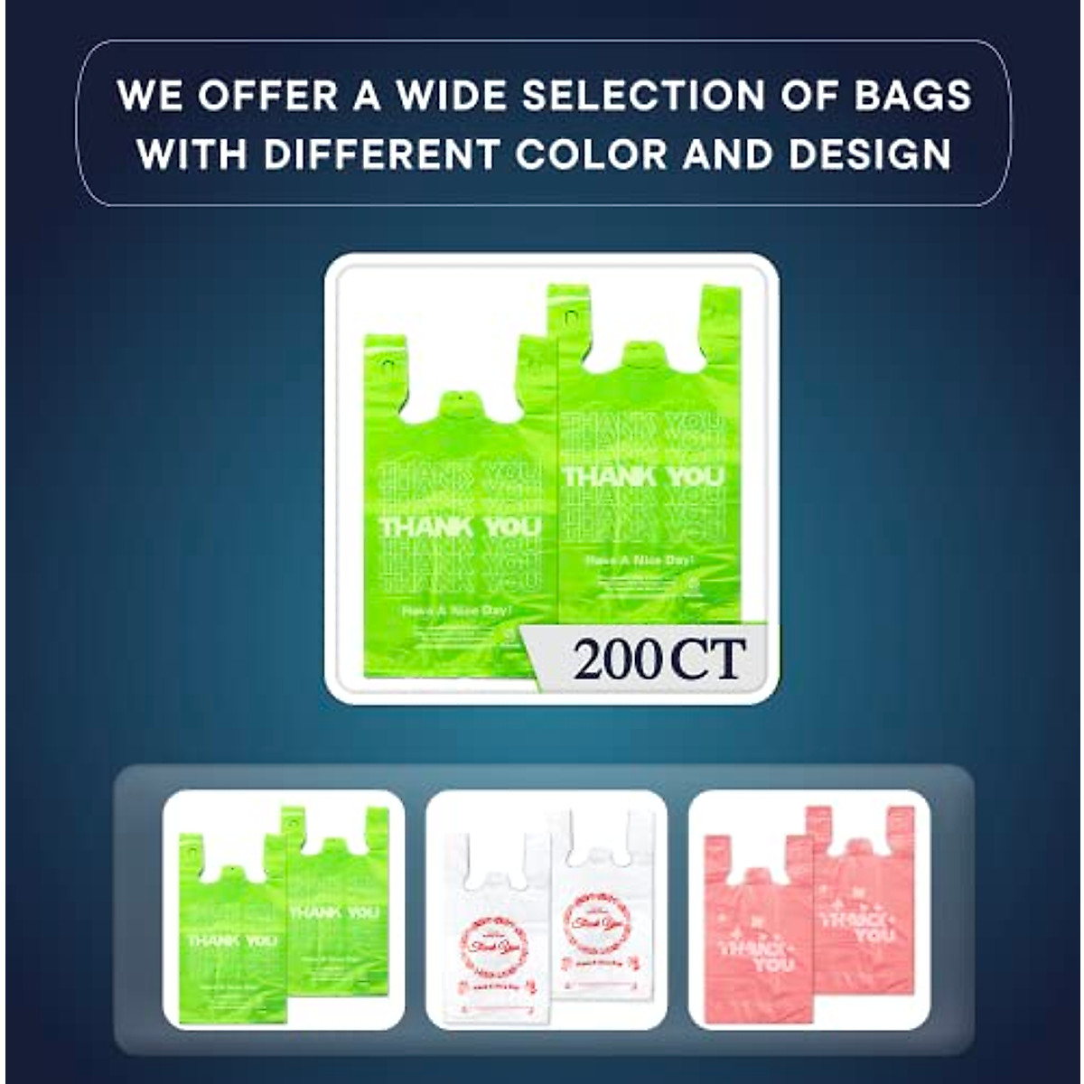 Green Thank you bags, 200PCS T shirt bags, To Go Bags,Grocery bags, Reusable and Disposable,Perfect for Small Business,Take Out,Retail, Large