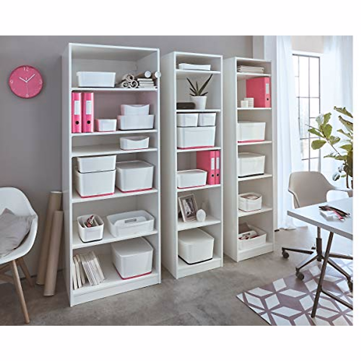 Leitz Large MyBox with Lid, Storage Box for Home and Office, High Gloss Plastic, 18 Litre, A4, White/Pink Metallic