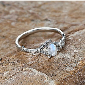 HUKQBUNX 925 Sterling Silver Natural Moonstone Ring Feminine Branch Flower Lady Shiny Wedding Engagement Ring Birthday Party Ring Size 6-10 (Size 9)