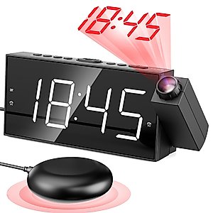 Projection Digital Alarm Clock with Bed Shaker for Bedroom, Extra Loud Alarm Clock for Heavy Sleeper, 180° Rotable Ceiling Projector Clock,2 Alarm,5 Dimmer Volume,USB Charger, Battery Backup,12/24H…