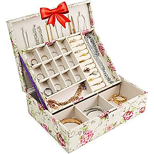 Jewelry Organizer Box - Women Two Layer Display Storage Case Large PU Leather Jewelry Holder with Lock for Earring Ring Necklace Bracelet, Beige White (Floral White)