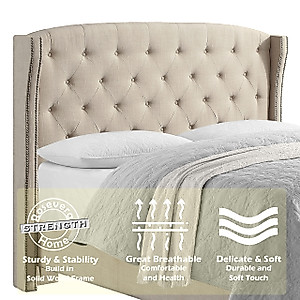 Rosevera Louis Upholstered Wingback Headboard with Double Nailhead Trimming and Button Tufting for Bedroom, Queen, Linen Beige