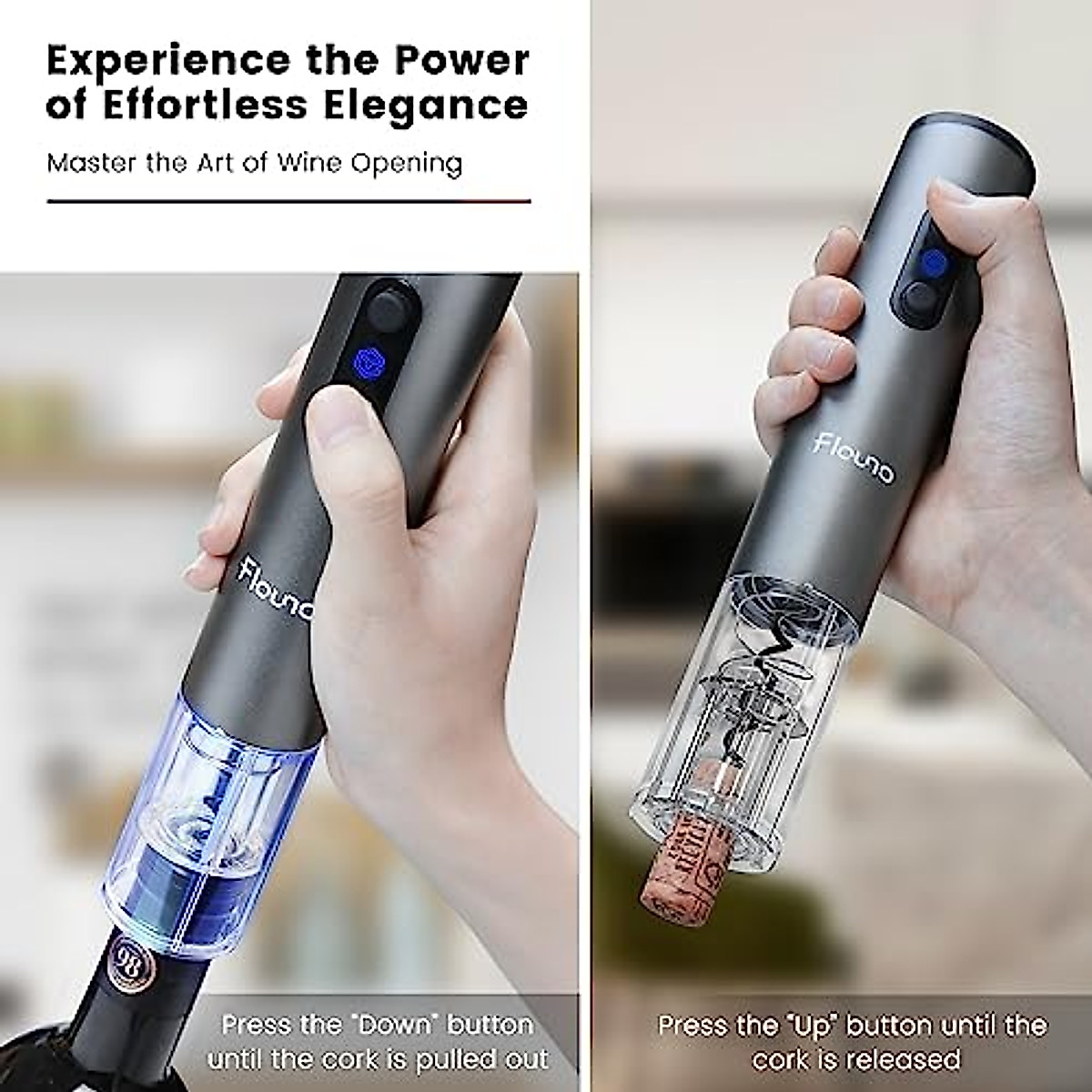 Flauno Electric Wine Opener Rechargeable - Automatic Wine Bottle Opener, Electric Corkscrew Wine Opener with Foil Cutter, Vacuum Wine Stopper, Wine Aerator Pourer, Wine Gift Set (Black)