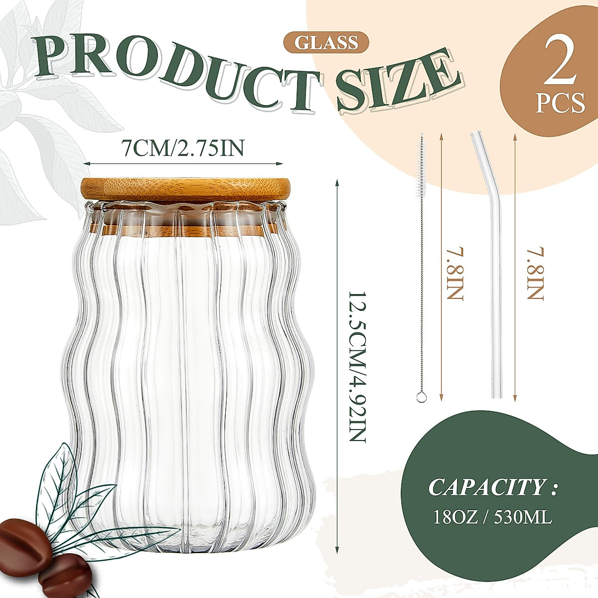 Domensi 2 Pcs 18 oz Creative Glass Cups with Lids and Straws Wave Shape Cute Drinking Cups Ribbed Cups Glass Tumblers Cups Vintage Ripple Glassware for Cocktail Juice Iced Coffee Tea Soda Milk