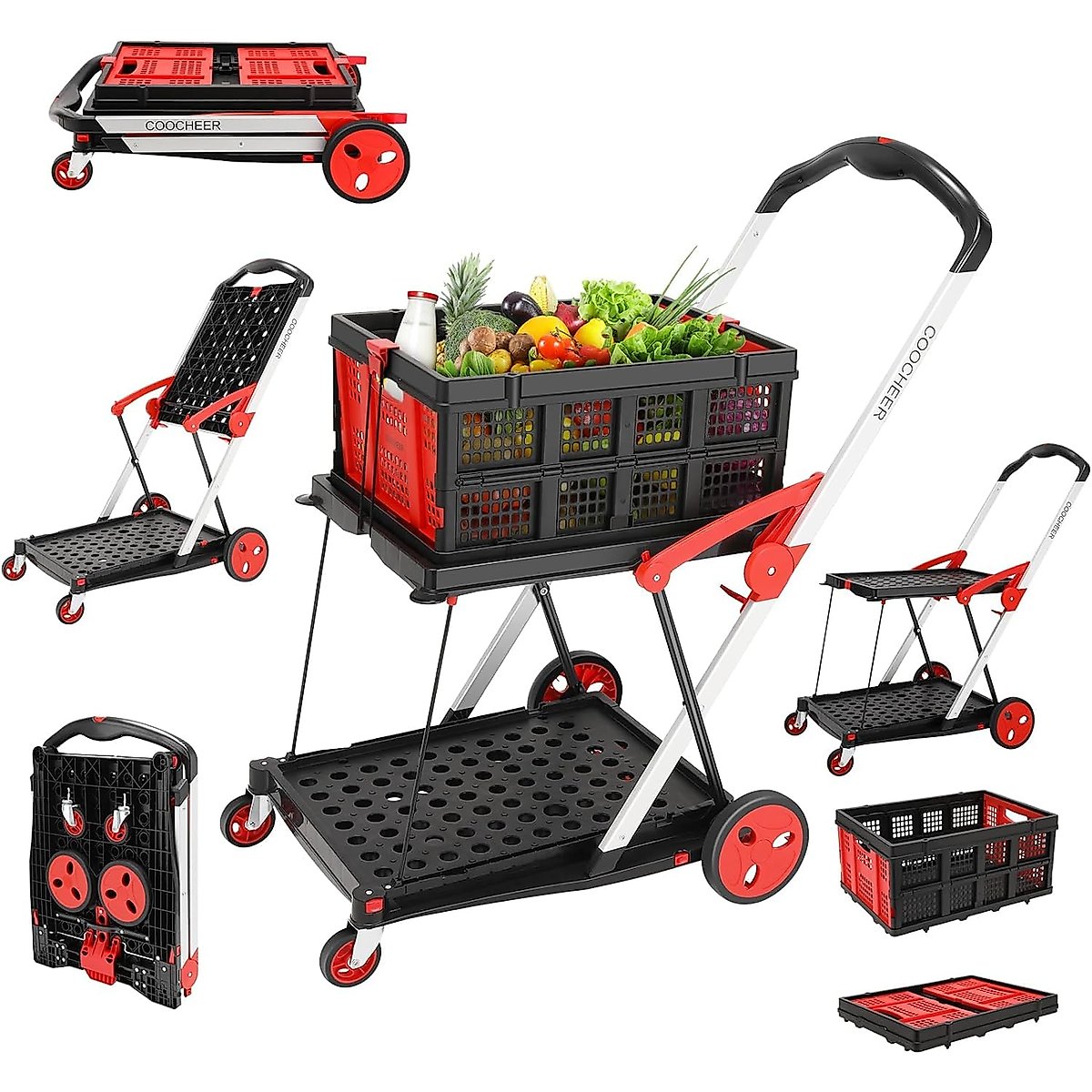 Multi Use Functional Collapsible Carts, Shopping Cart with Storage Crate, Mobile Folding Trolley, Portable Folding Cart, Shopping Cart Folding Trolley for Home, Groceries