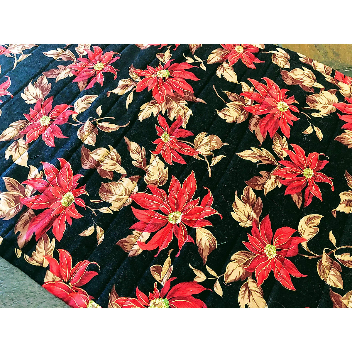 Quilted Holiday Table Runner, Jelly Roll Stripes, Rectangular, Reversible, Poinsettia Fabric, Christmas Decor, 100% Cotton